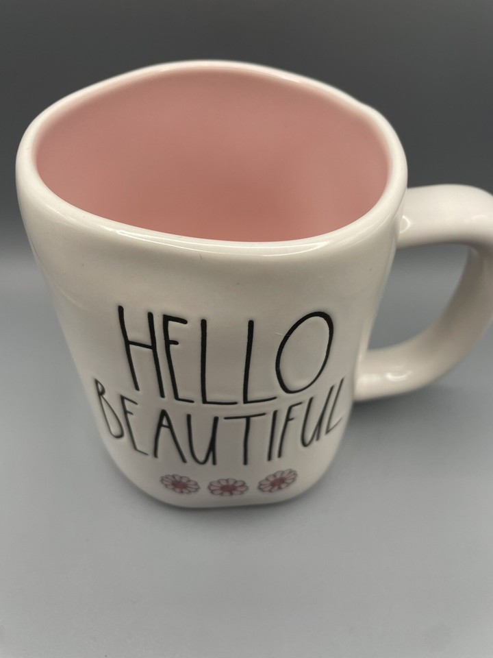 Rae Dunn HELLO BEAUTIFUL Mug With Pink Daisies And Interior Glossy ...