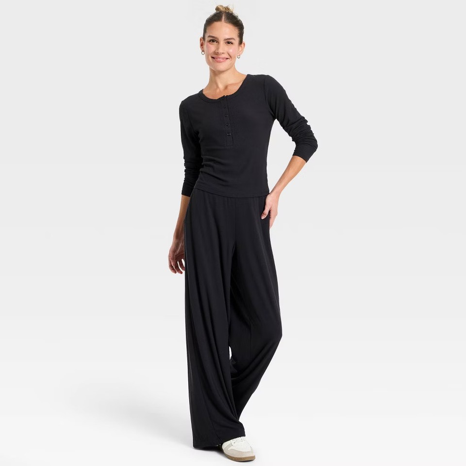Women's Rib-Knit High-Rise Wide Leg Pants - All In Motion Black XXL | eBay