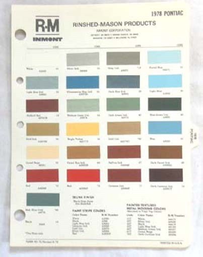 1978 PONTIAC R-M COLOR PAINT CHIP CHART ALL MODELS ORIGINAL | eBay