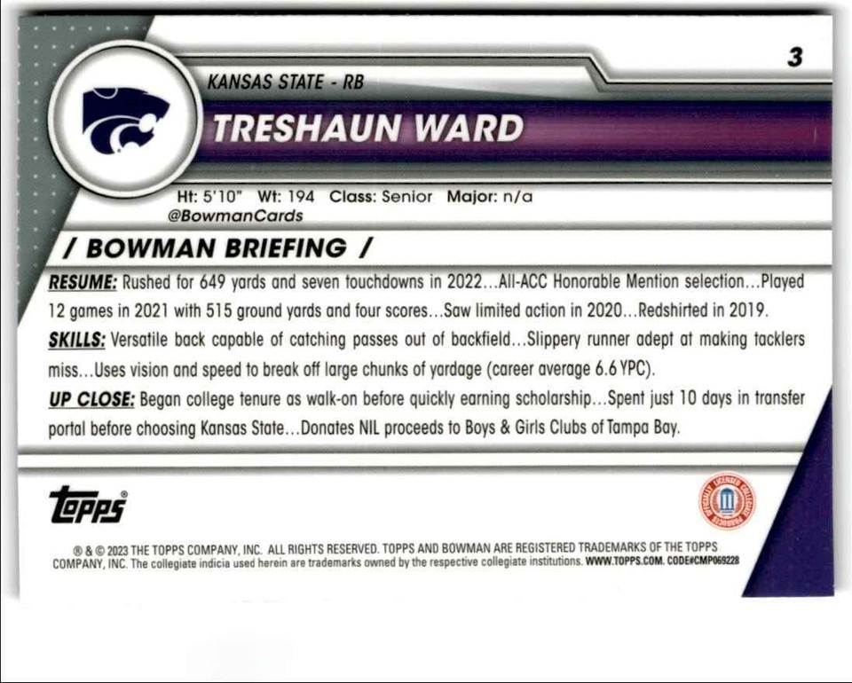 2023 Bowman Chrome U Sapphire Treshaun Ward Kansas State Wildcats #3 | eBay