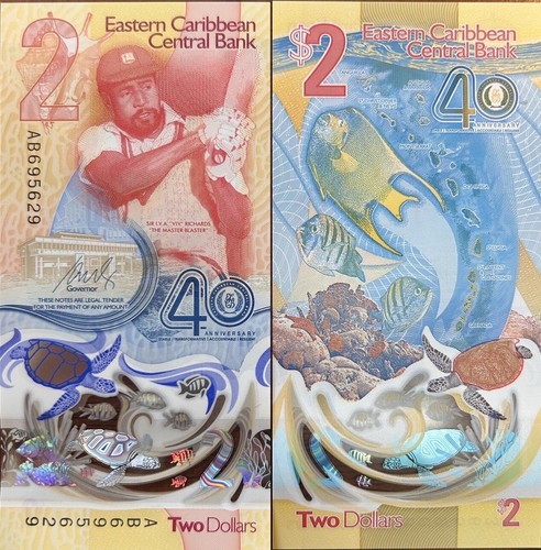 East Caribbean 2 Dollars 2023 2024 40th P 61 Polymer Commemorative UNC ...
