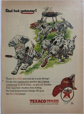 1956 Dalmation puppies with chef hat at hot dog BBQ, Texaco ...