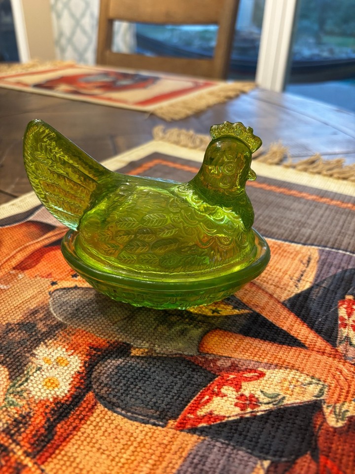 VTG Indiana Yellow Glass Hen on Nest Chicken Rooster Candy Dish Farm ...