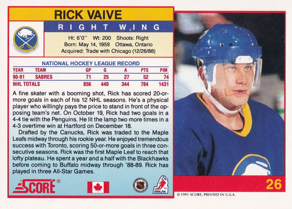 1991-92 Score #26 Rick Vaive-Buffalo Sabres + (Yes 4 Free Mystery Cards ...