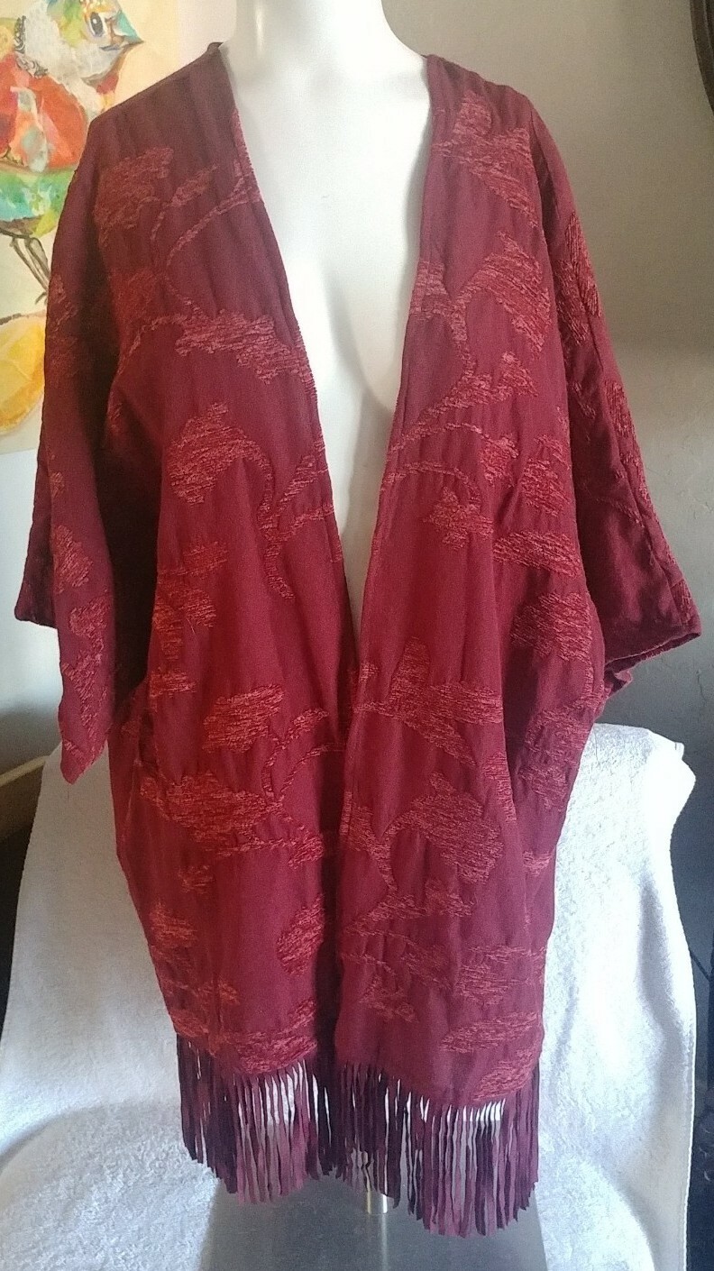 Chicos Womens Brick Red Open Front Fringed Bottom Chenille Ruana Sz L ...