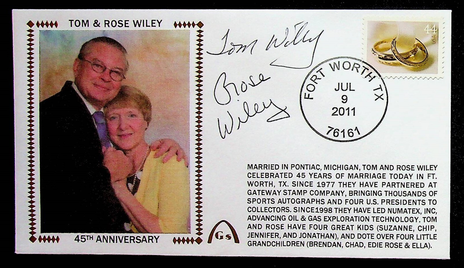 Tom & Rose Wiley Autographs 2011 Gateway Stamp Cachet Founder Postal ...
