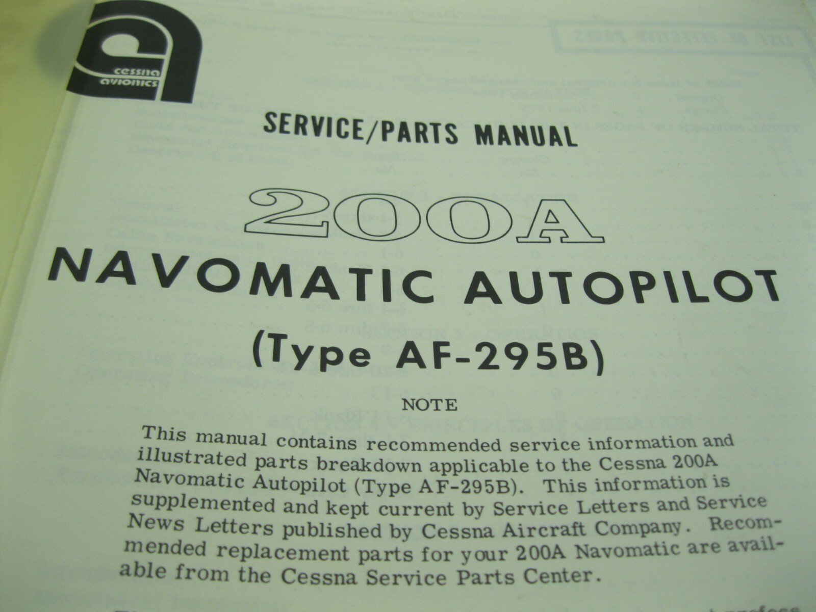 Cessna 200A Navomatic Autopilot AF-295B Service/Parts Manual | eBay