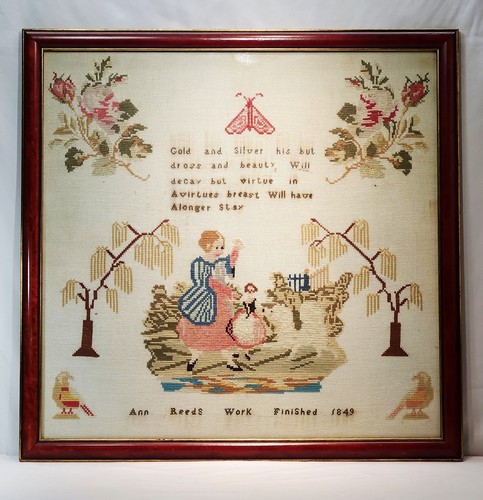 Rare Needlework Sampler By Ann Reed Dated 1849 Framed Behind Glass ...
