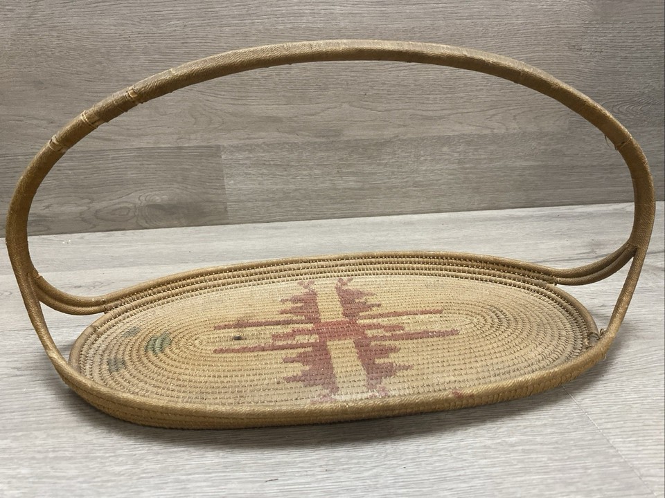 Vintage Native American Handwoven Flat Oval Foraging Basket w/ Handle ...