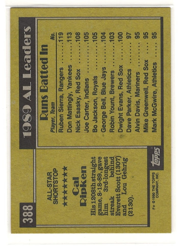 1990 Topps Baseball #388 Cal Ripken Jr. Baltimore Orioles All-Star | eBay