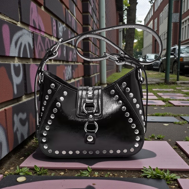 Gothic Black Studded Shoulder Bag 8.6" Punk Rock PU Purse with ...