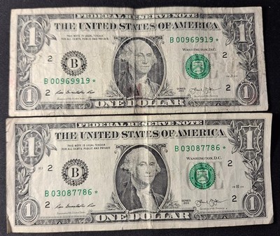 (2) 2013B $1 Star Notes, low serial number Flipper note, Not In ...