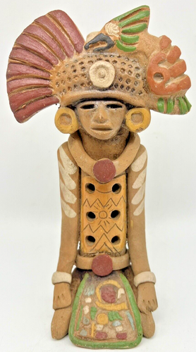 Vtg Clay Tribal Flute Folk Art Figurine Statue Bird Headdress Aztec ...