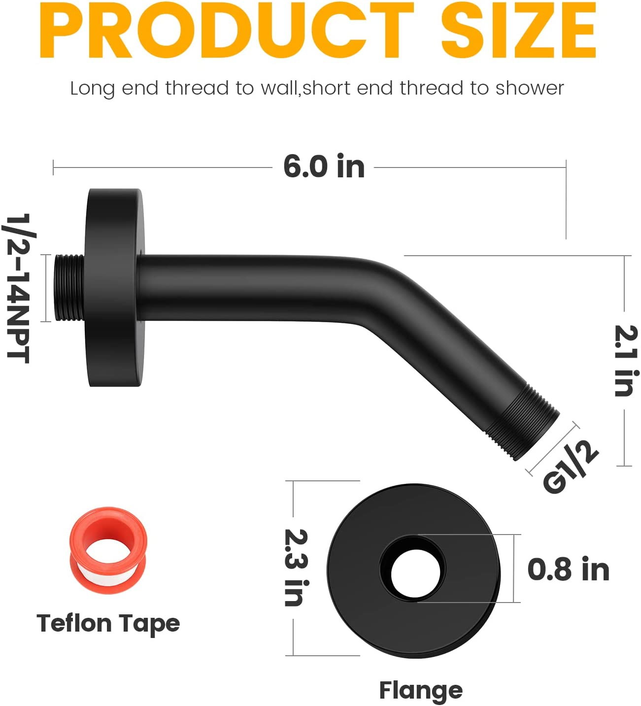 Black Shower Arm 6" Shower Extension Arm Pipe With Flange Matte Black 6 ...