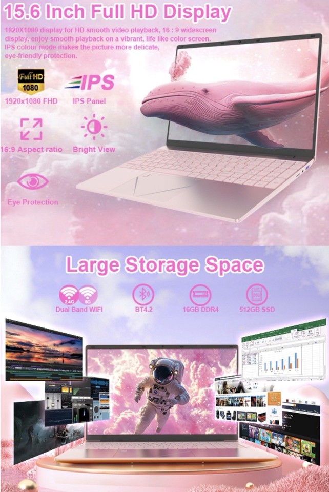 15.6 inch Pink Laptop Computer,Alder Lake Quad Core N95 CPU,16GB DDR4 ...