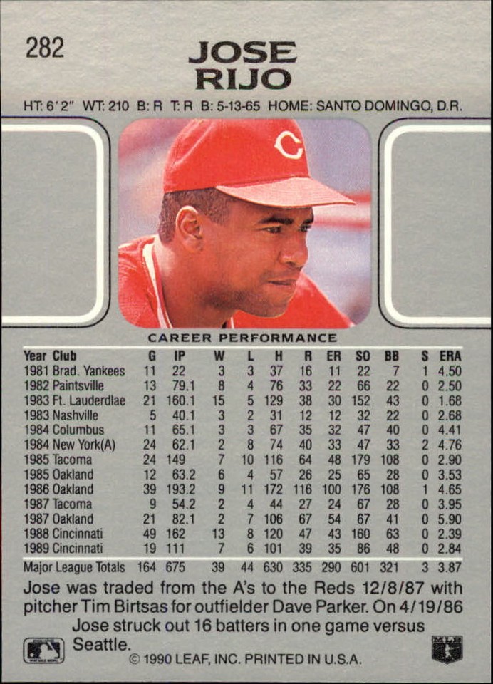 1990 Leaf Baseball Card #282 Jose Rijo | eBay