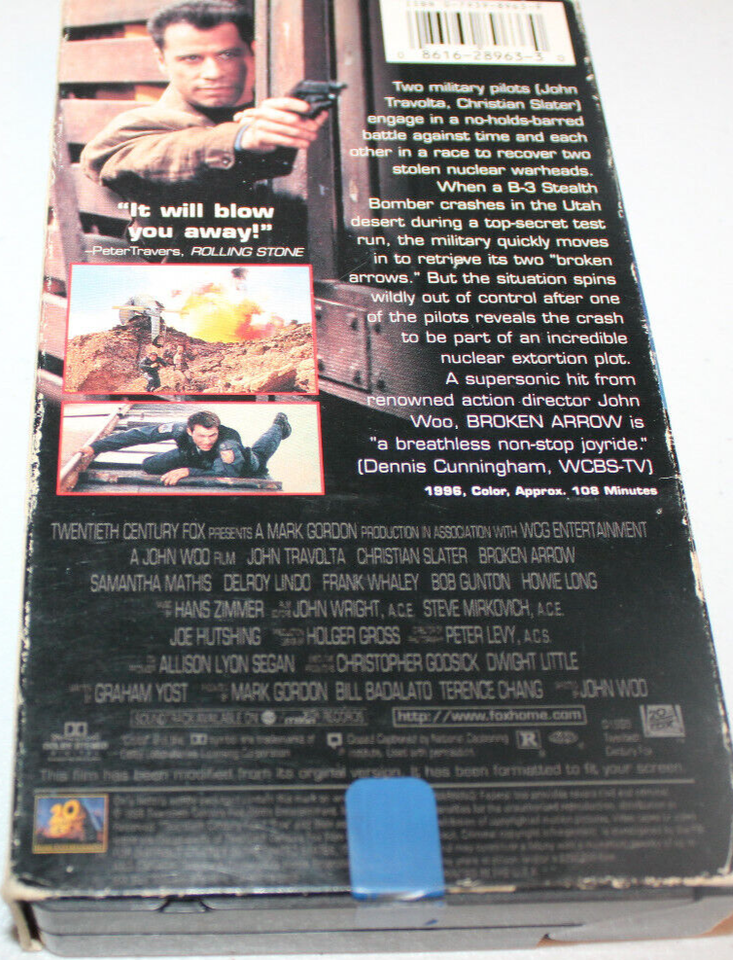 Broken Arrow (VHS 1997) John Travolta, Christian Slater, Samantha ...