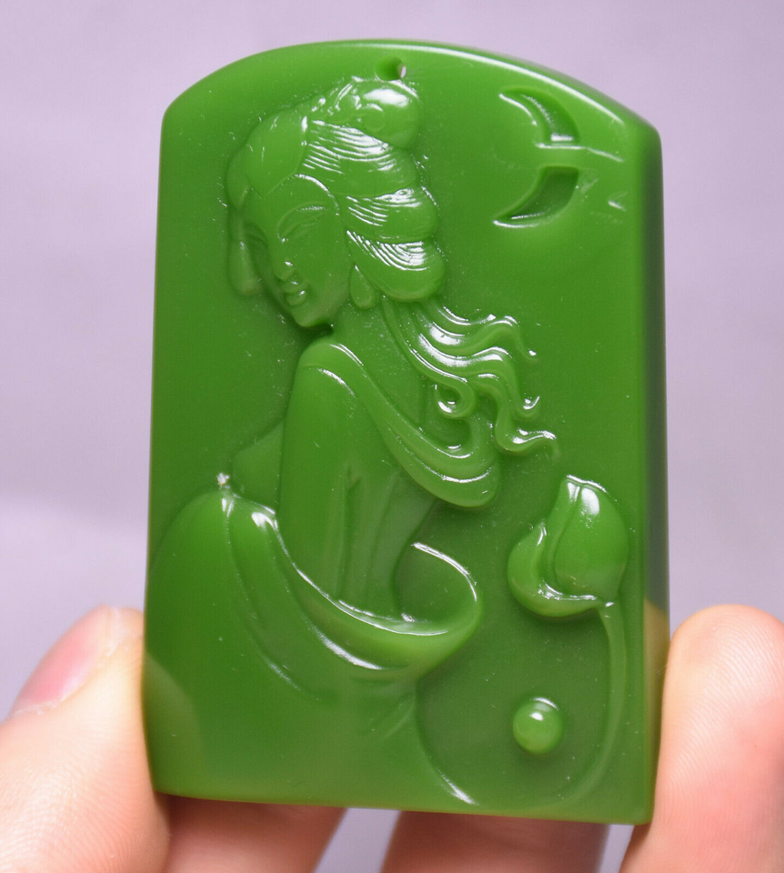 6.1CM Unique China Natural Green Jade Carving Beauty Belle Amulet ...