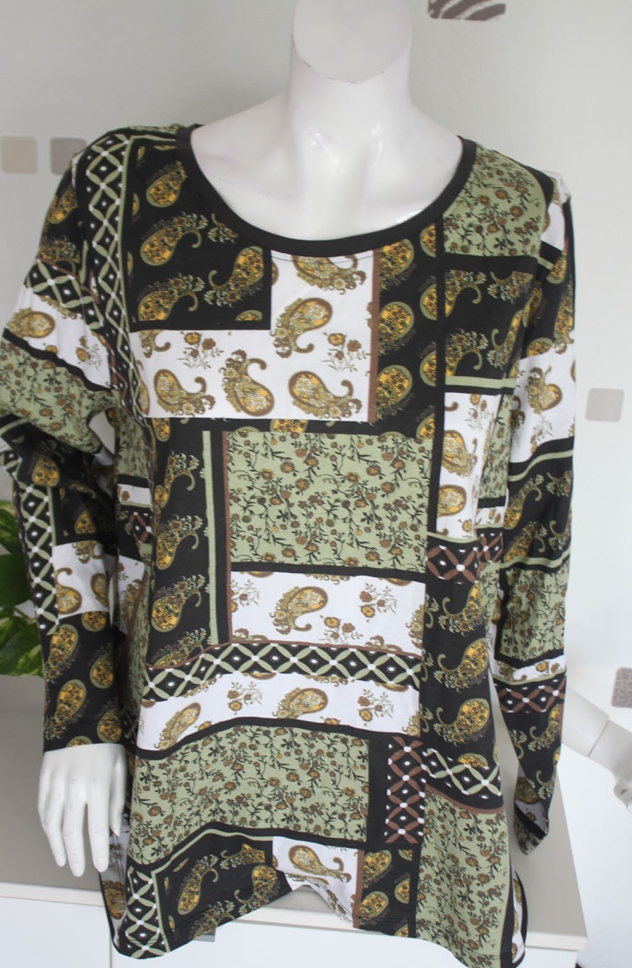 Langarm Shirt Pulli schwarz oliv weiß Muster Gr 48 Longsleeve NEU | eBay.de