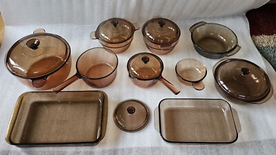 15 Piece Vision Ware Vintage Corning Pyrex Amber Glass Cookware Set USA ...