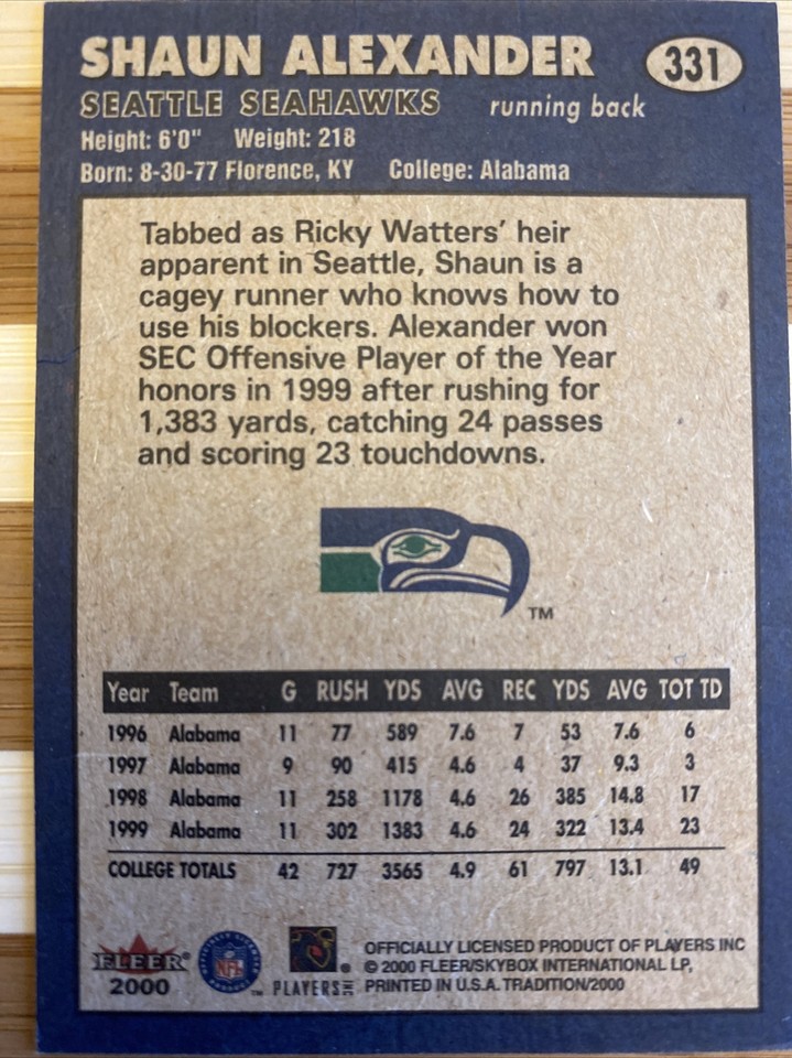 Shaun Alexander 2000 Fleer Tradition Rookie Card #331 NFL Seattle ...