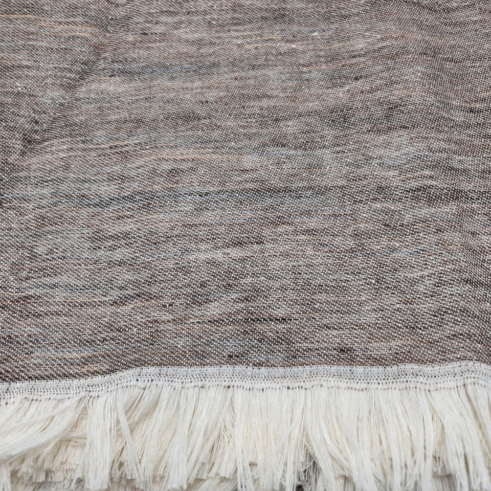 Sferra Taupe Linen Throw Blanket Fringed Woven Linear Design Oversized ...