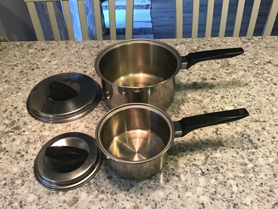 2 Vintage Stainless Steel Ekco Flint Pots Sauce Pans w Lids 1 and 3 QT ...