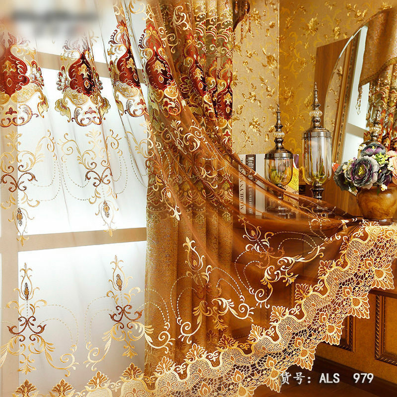 Custom European hollow velvet embroidery blackout curtain tulle valance ...