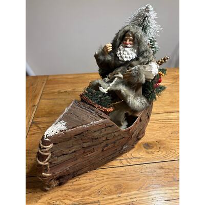 Vtg Old World Santa Eskimo Santa Traps Man Santa Wood Canoe Christmas ...
