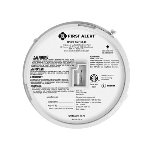 First Alert 9120B/ SMI100-AC Smoke Detector & Alarm, AC Powered Battery ...