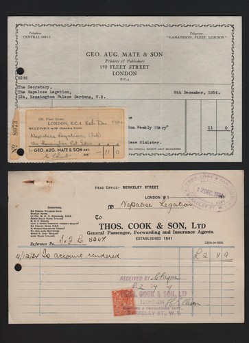 GREAT BRITAIN NEPAL LEGATION SELFRIDGES THOMAS COOK RECEIPTS 1934/35 | eBay