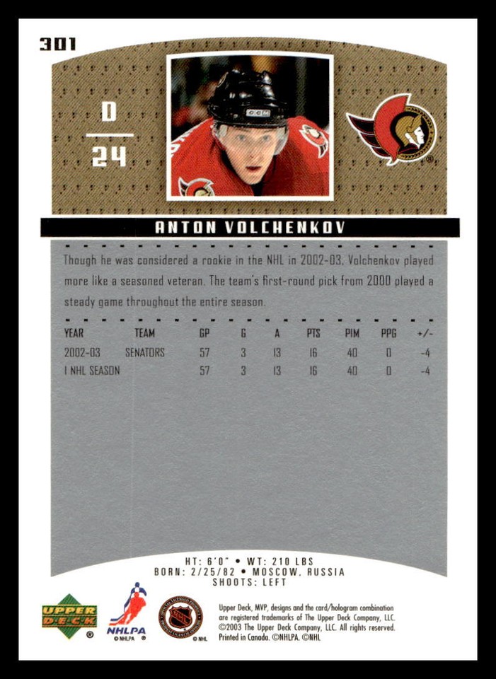 2003 Upper Deck MVP #301 Anton Volchenkov Ottawa Senators | eBay