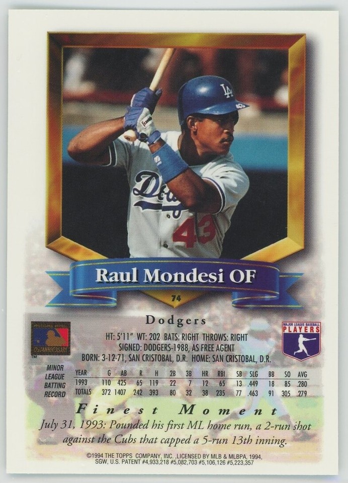 1994 Topps Finest Raul Mondesi Los Angeles Dodgers #74 | eBay
