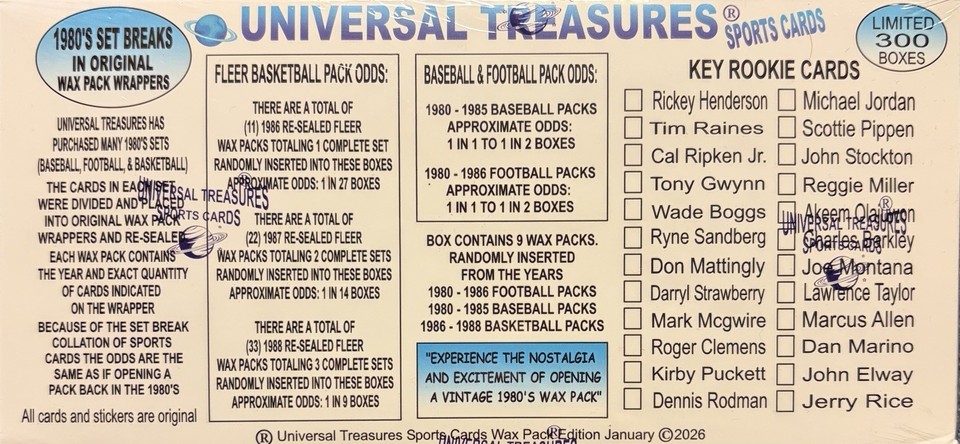 2026 UNIVERSAL TREASURES 3 SPORT BOX 9 Packs 1980-88 MONTANA JORDAN RC ...