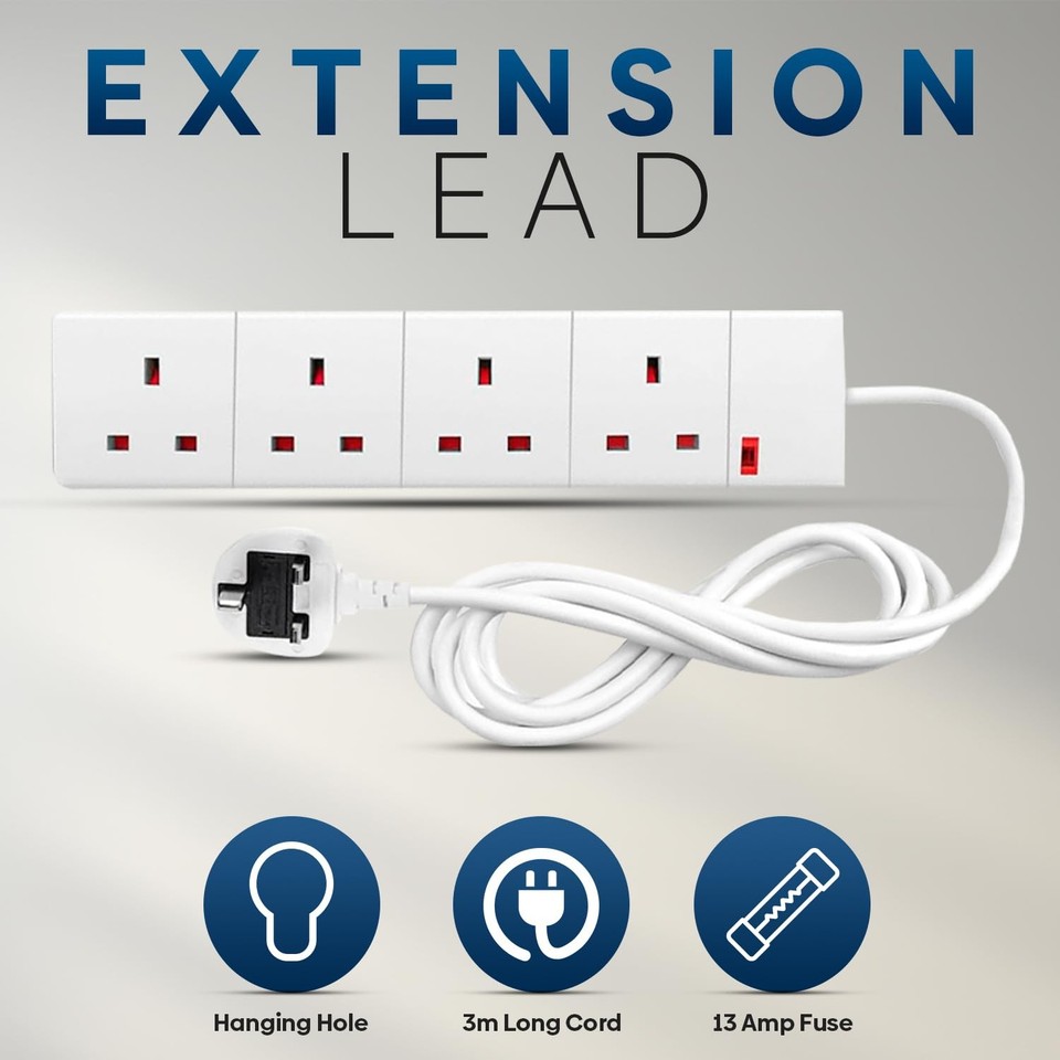 4 Way Extension Lead 3M UK Plug Extension Socket 3 Metre Electric ...
