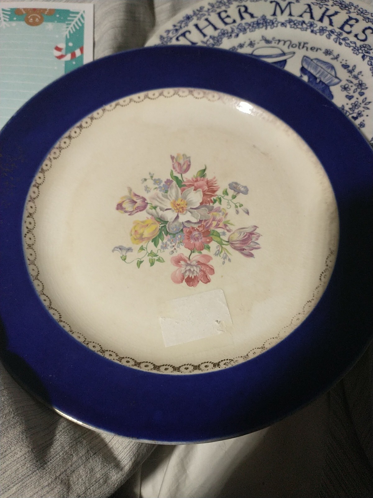 Vintage Dinner Plate French Saxon China 22k Gold Floral Royal Blue Trim ...