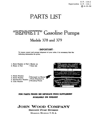 Bennett Model 378 and 379 Gasoline Pump illustrated Factory Parts List ...