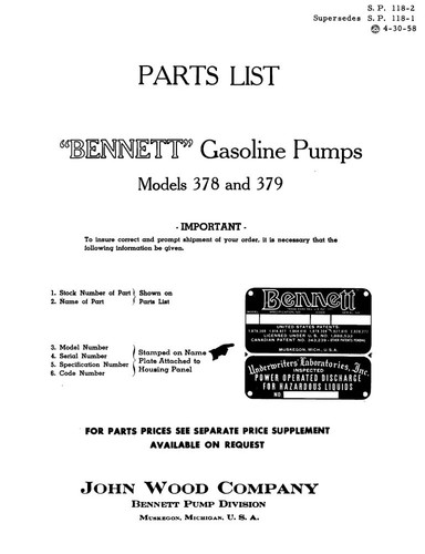 Bennett Model 378 and 379 Gasoline Pump illustrated Factory Parts List ...