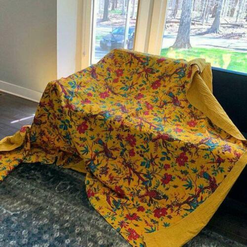 Yellow Cotton Bird Print Kantha Quilt Handmade Bedding Bedspread Bed ...