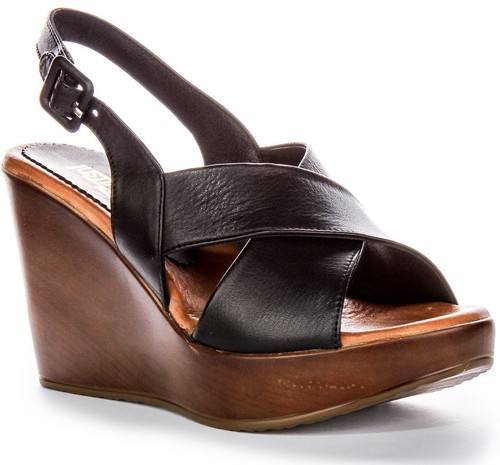 Sandales En Cuir Noir À Talon Wedge Peep Toe En Bois Pour Femmes UK 3 ...