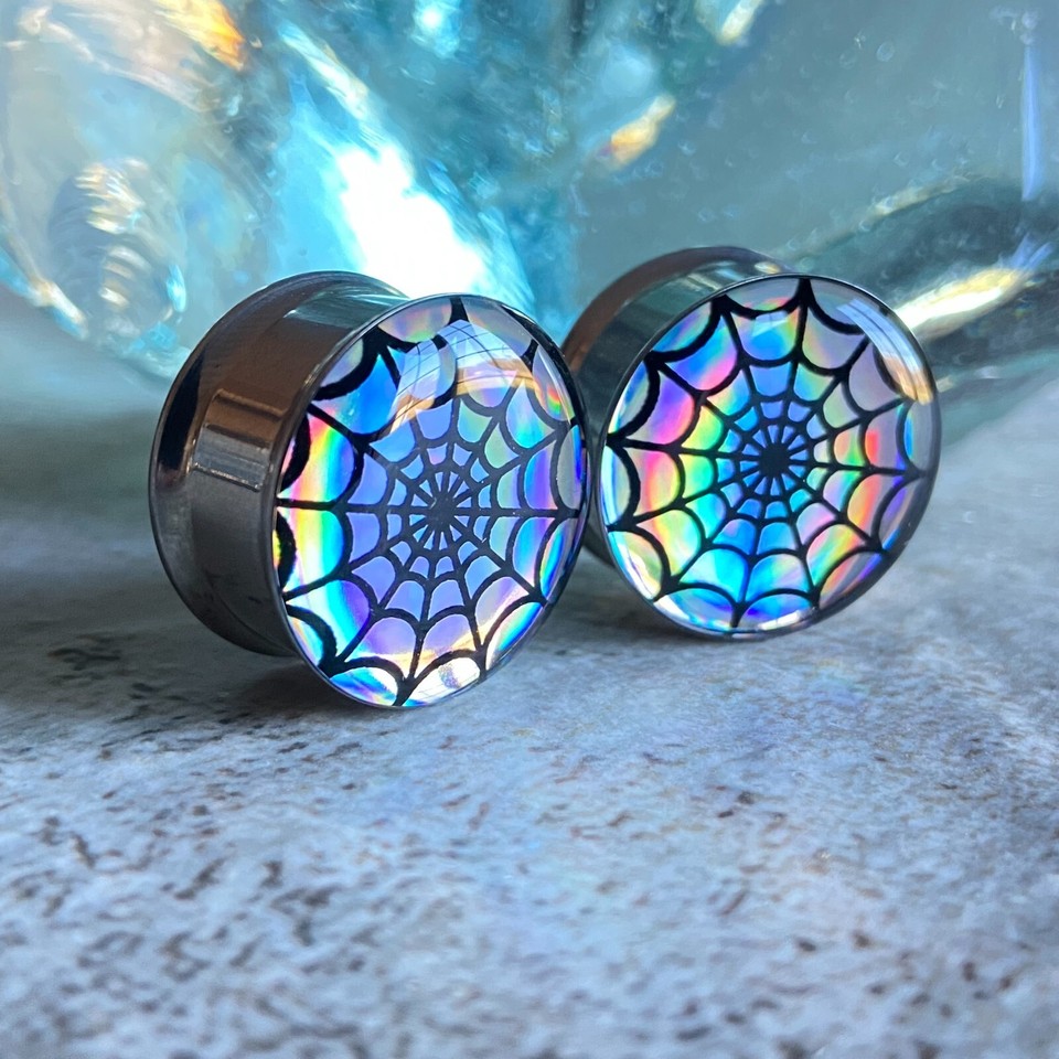 Spider Web Holographic Double Flare Picture Plugs (MTO-070) gauges pair ...
