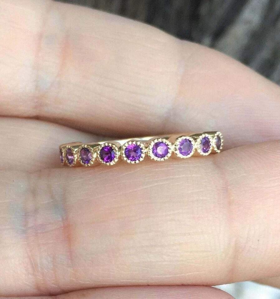 1Ct Round Cut Amethyst Half Eternity Wedding Band Ring In 14K Rose Gold ...