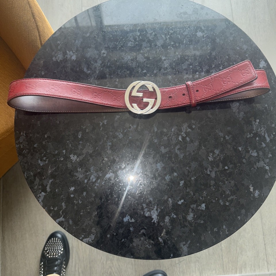 100% Authentic GUCCI Men's GG Logo Leather Belt Red Size 95-38 | eBay