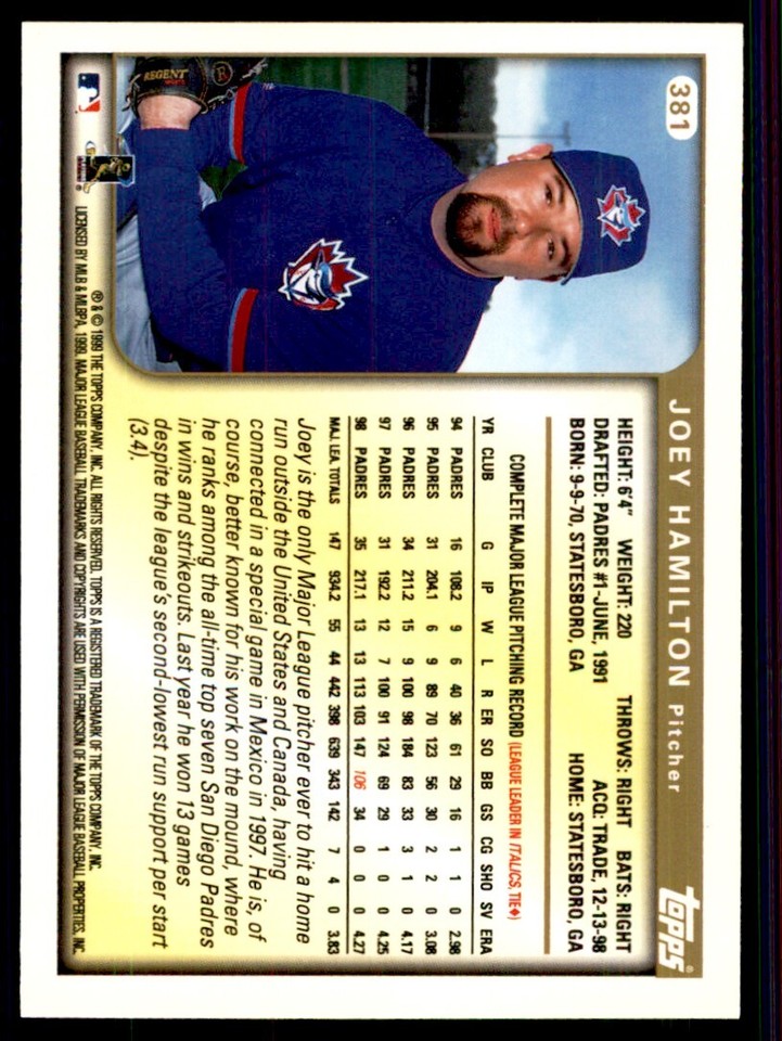 1999 Topps Baseball Card Joey Hamilton Toronto Blue Jays #381 | eBay