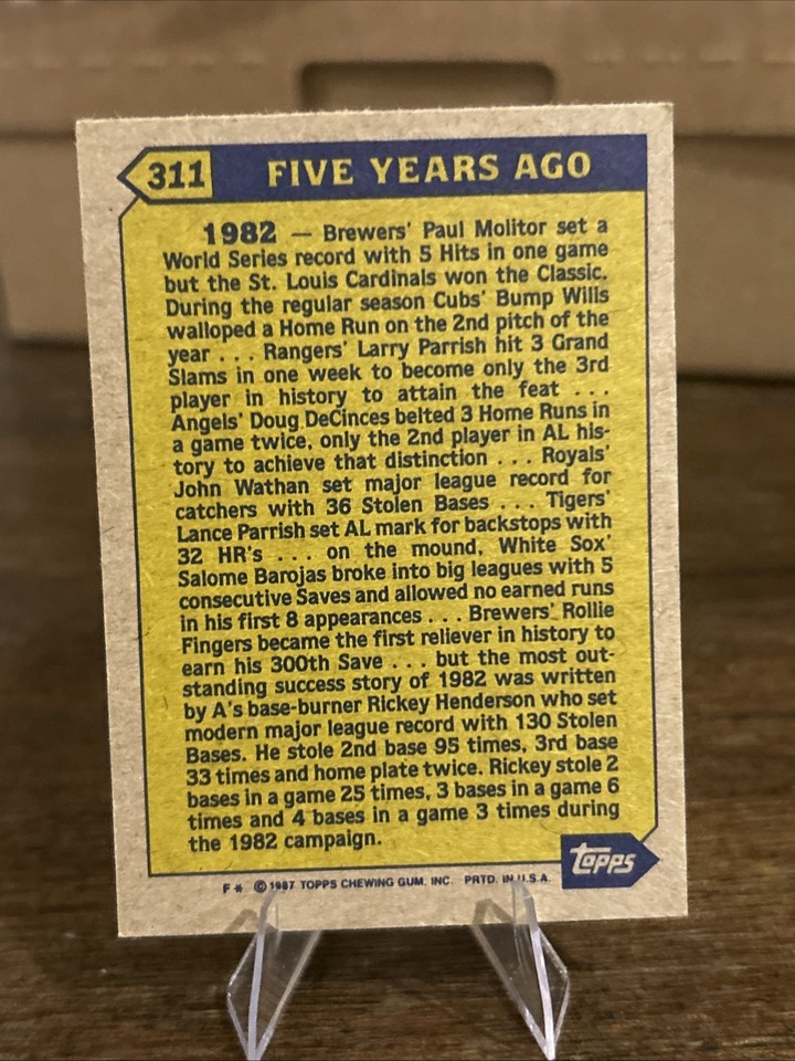 1987 Topps - Turn Back The Clock Rickey Henderson #311 1982 In Yellow ...