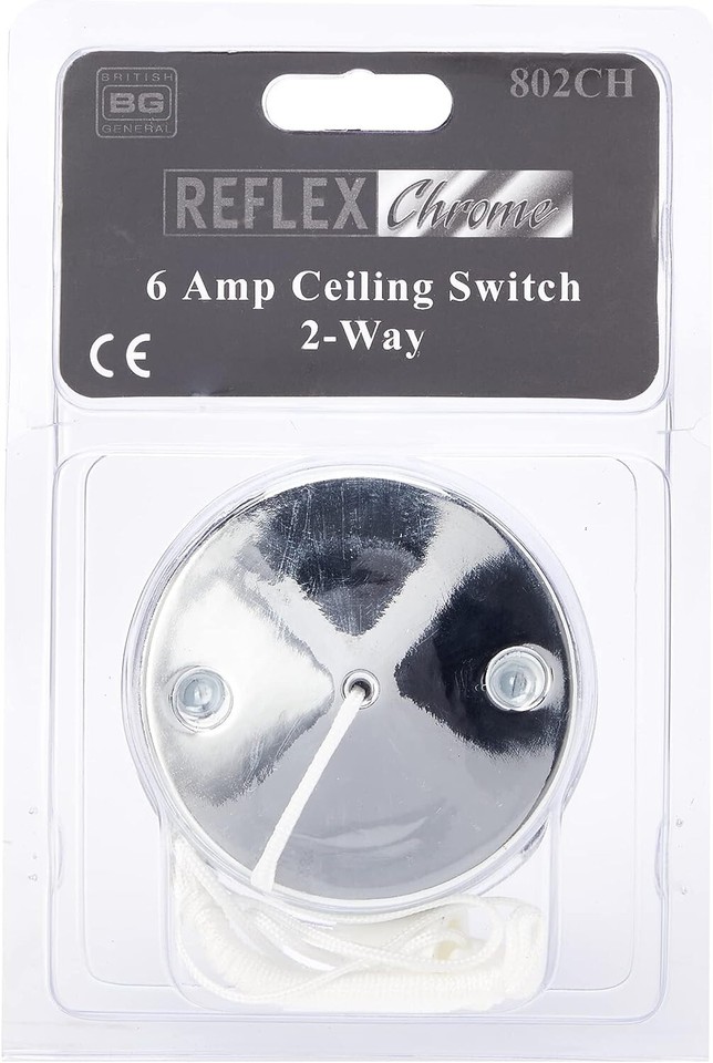 Chrome Pull Cord Light Switch Bathroom Ceiling Round On/Off Pullcord ...