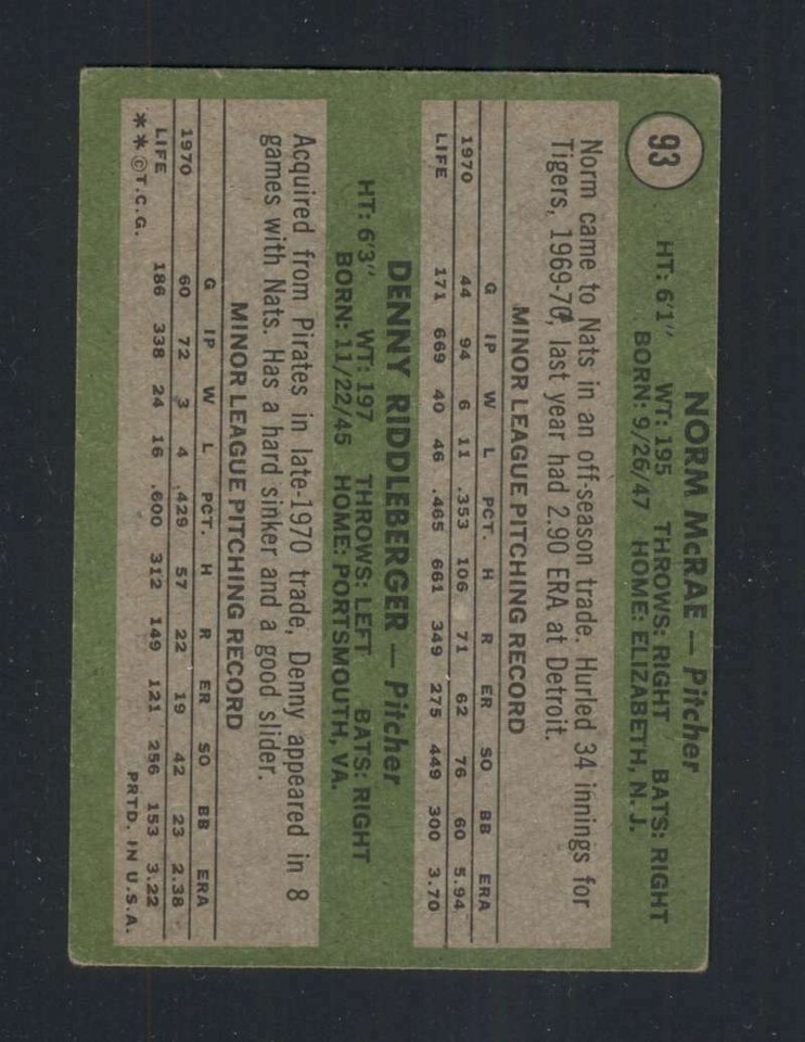 1971 Topps #93 Norm McRae/Denny Riddleberger G-GVG RC Rookie Senators ...