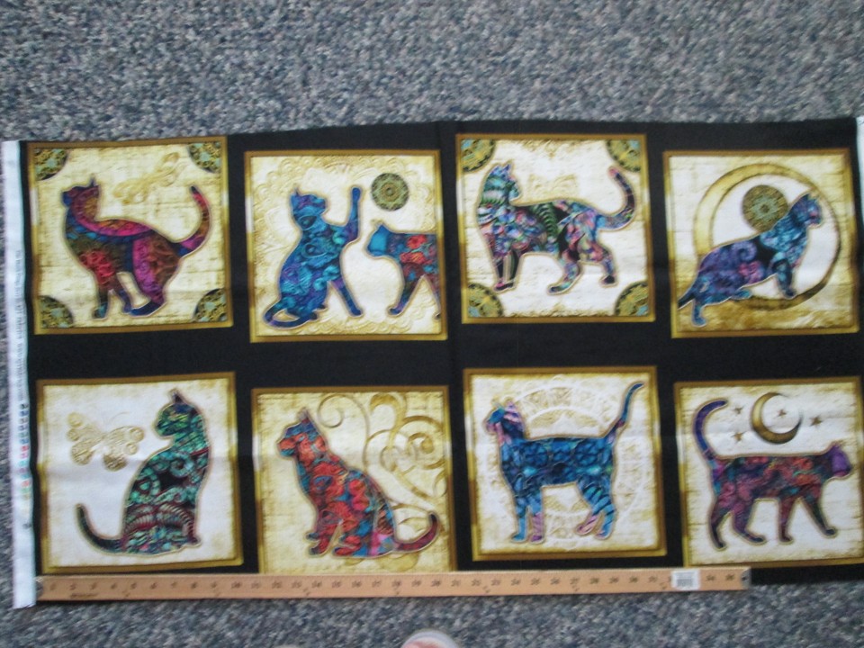 MOD ART CATS ANIMAL CAT DIGITAL 8 BLOCK BLACK STUNNING COTTON FABRIC ...