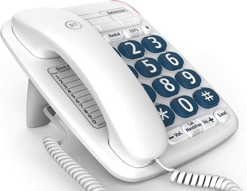 BT Corded Landline Home Telephone Big Button 200 Handsfree White 1 Year ...