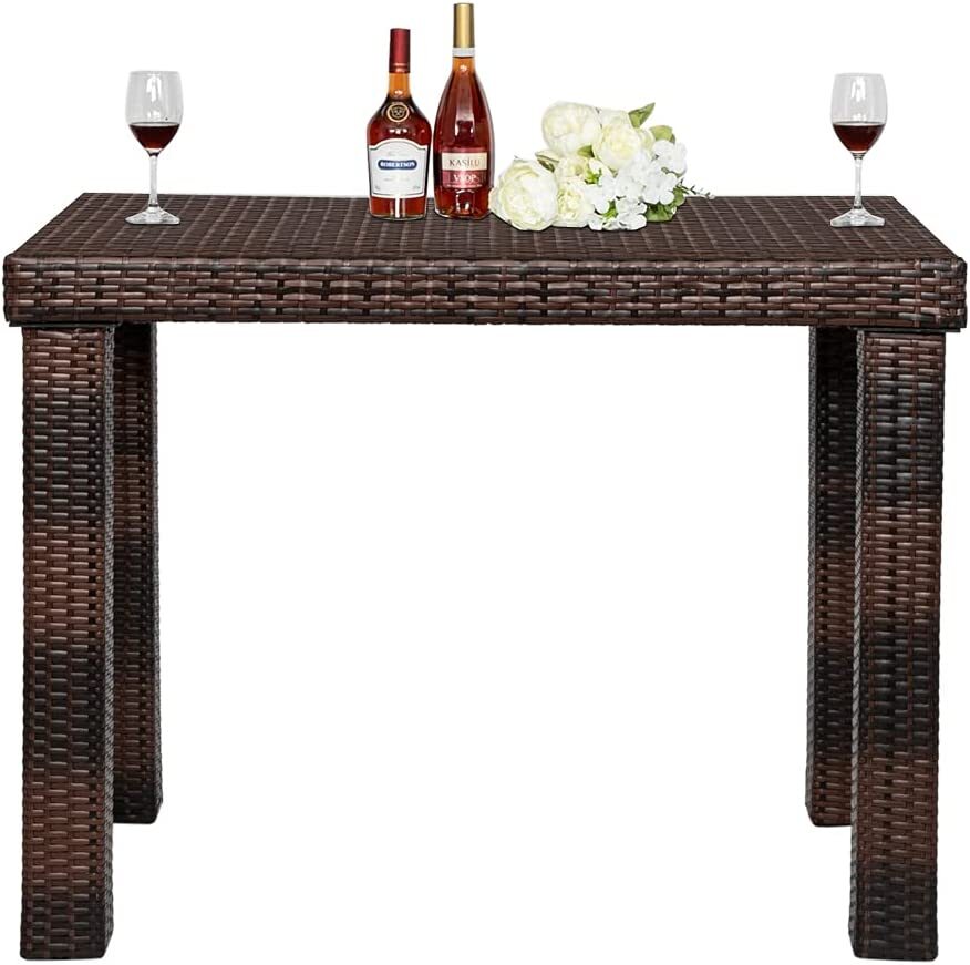 Patio Bar Table Outdoor Rattan Bar Dining Tables Brown Wicker Pub Table ...